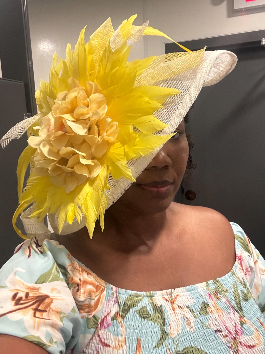 Yellow Feather Flower White Extra Large Wide Brim Sinamay Kentucky ...