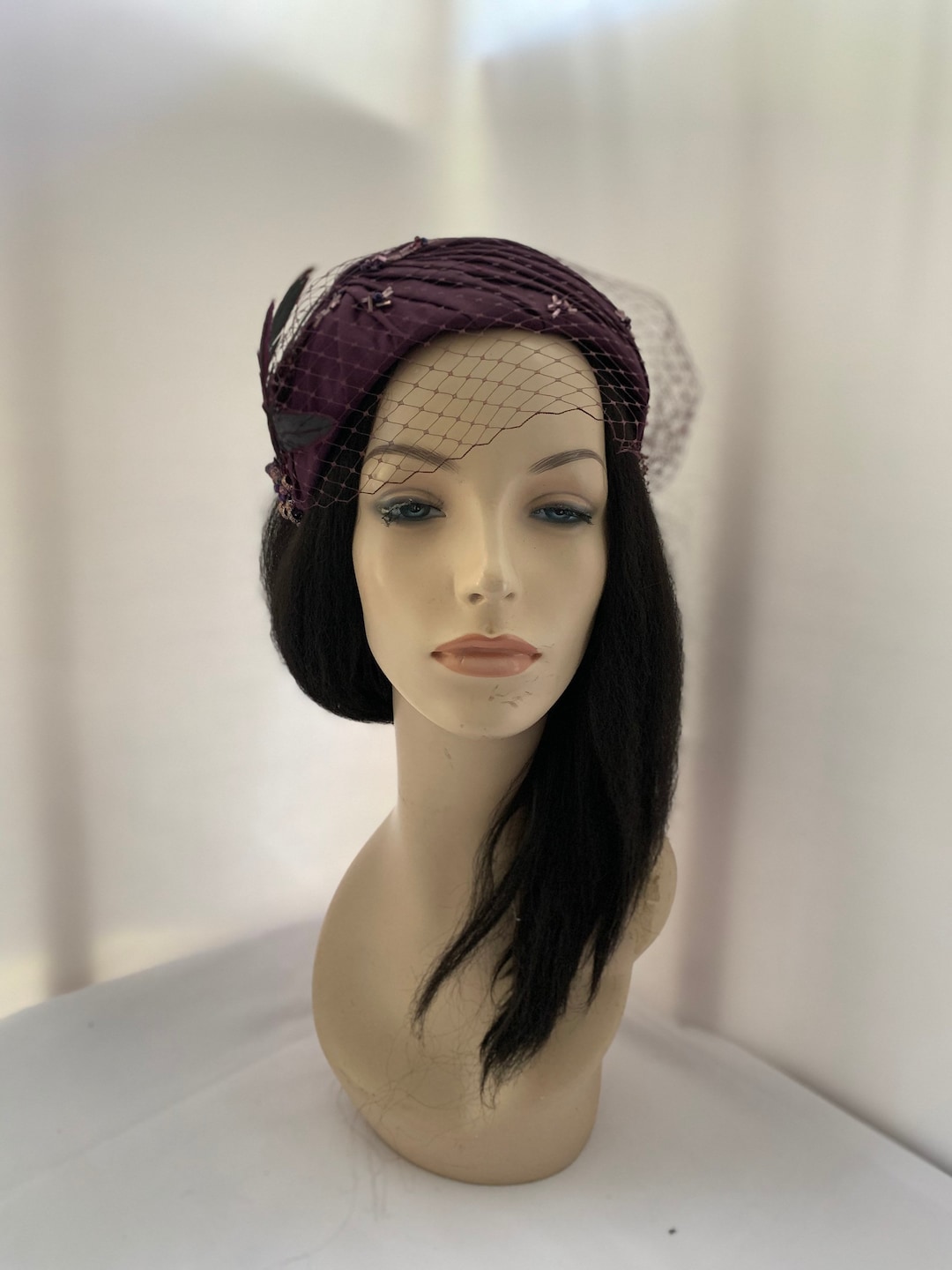 Dark Plum Purple Beaded Fascinator Hat With Veil, Eggplant Mother of ...