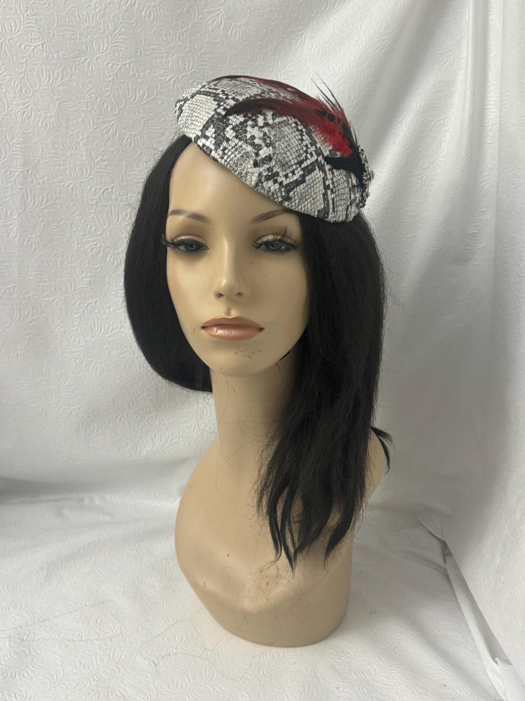 Snakeskin Vintage Inspired Fascinator Hat With Red and Black Feathers ...