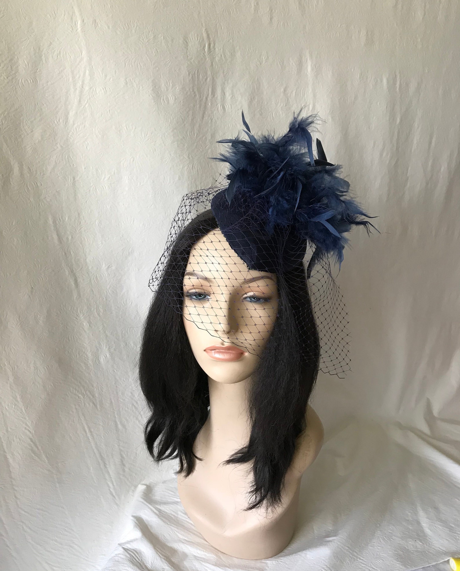 Navy Blue Feather Fascinator Hat With Birdcage Veil, Women’s Church Hat ...