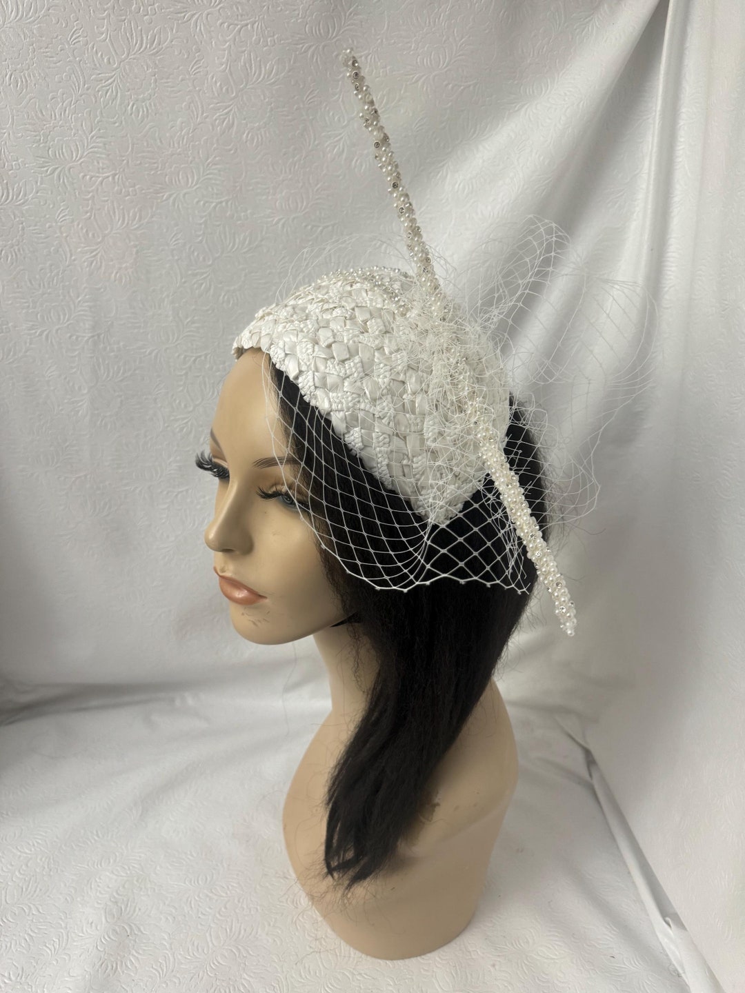 Elegant White Woven Church Fascinator With Pearl Quill & Veil | Wedding ...