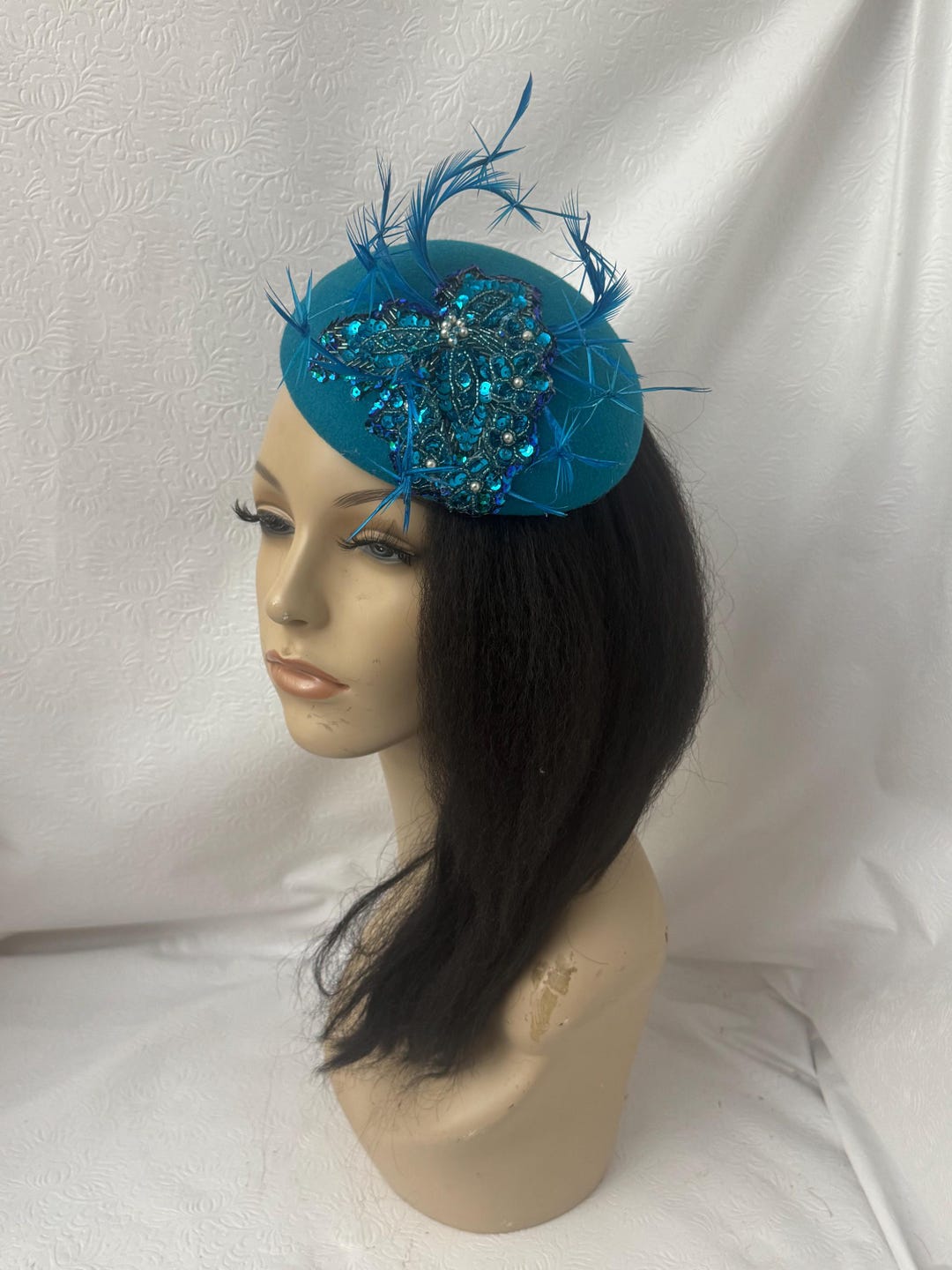Turquoise Vintage Fascinator Hat With Sequins Beaded Appliqué and Feather for Church, Wedding ...