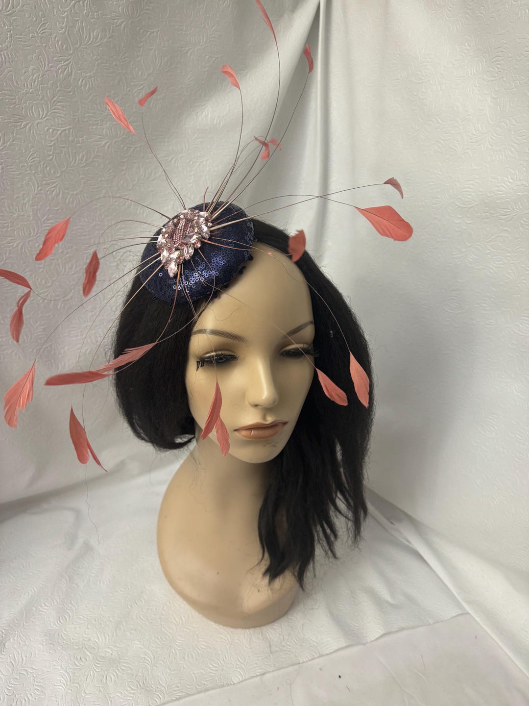 Elegant Navy Blue Sequin Mini Cocktail Fascinator With Long Coral Pink ...