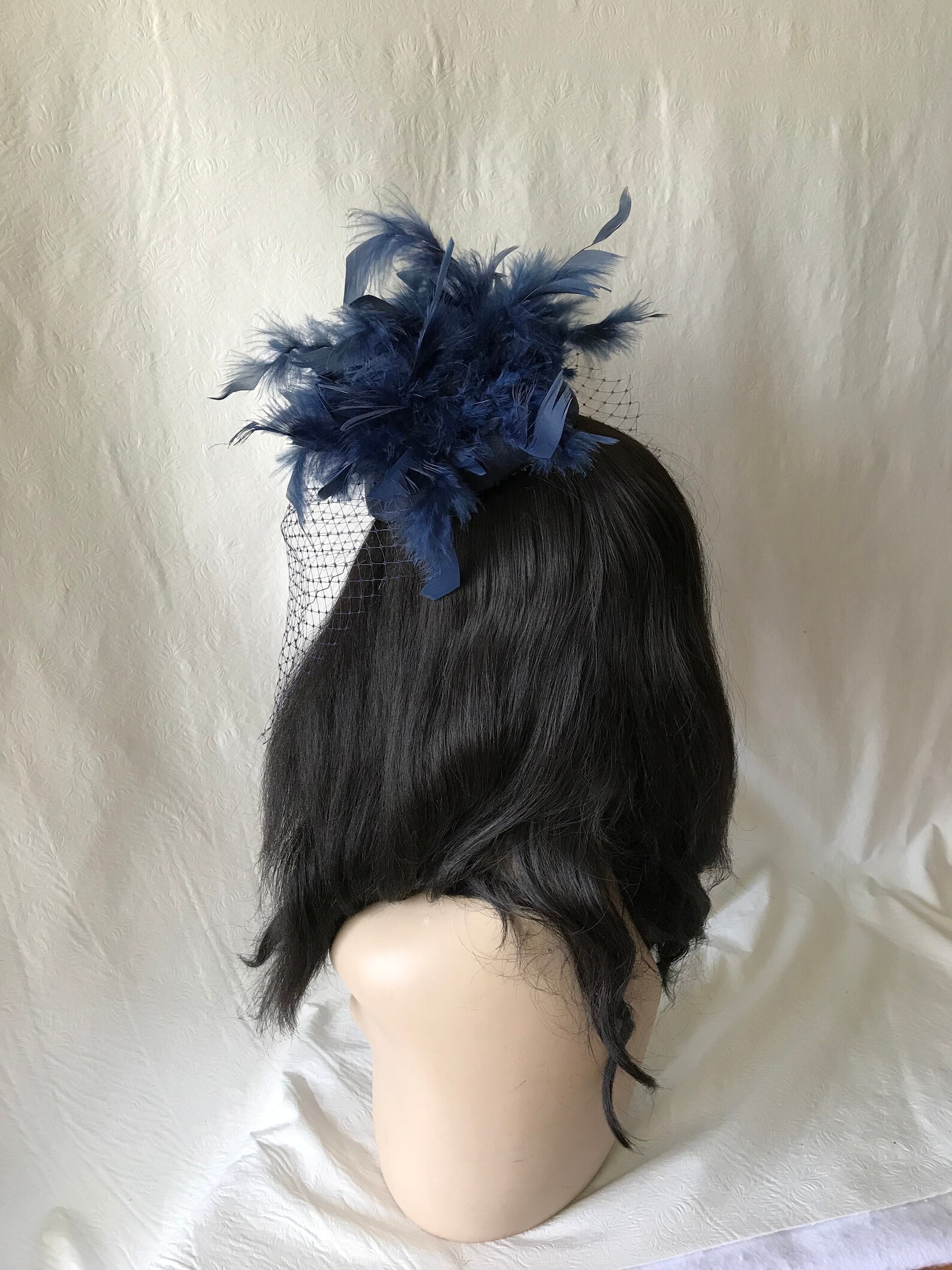 Navy Blue Feather Fascinator Hat With Birdcage Veil, Women’s Church Hat ...