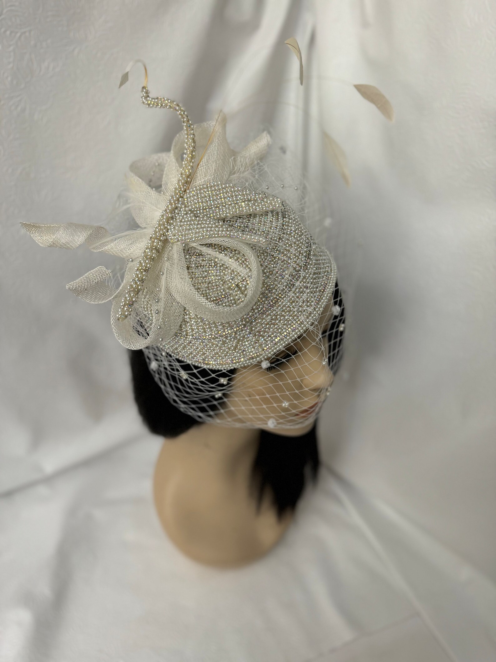 White Pearl Rhinestone Pillbox Hat: Iridescent Church Hat With Veil - Etsy