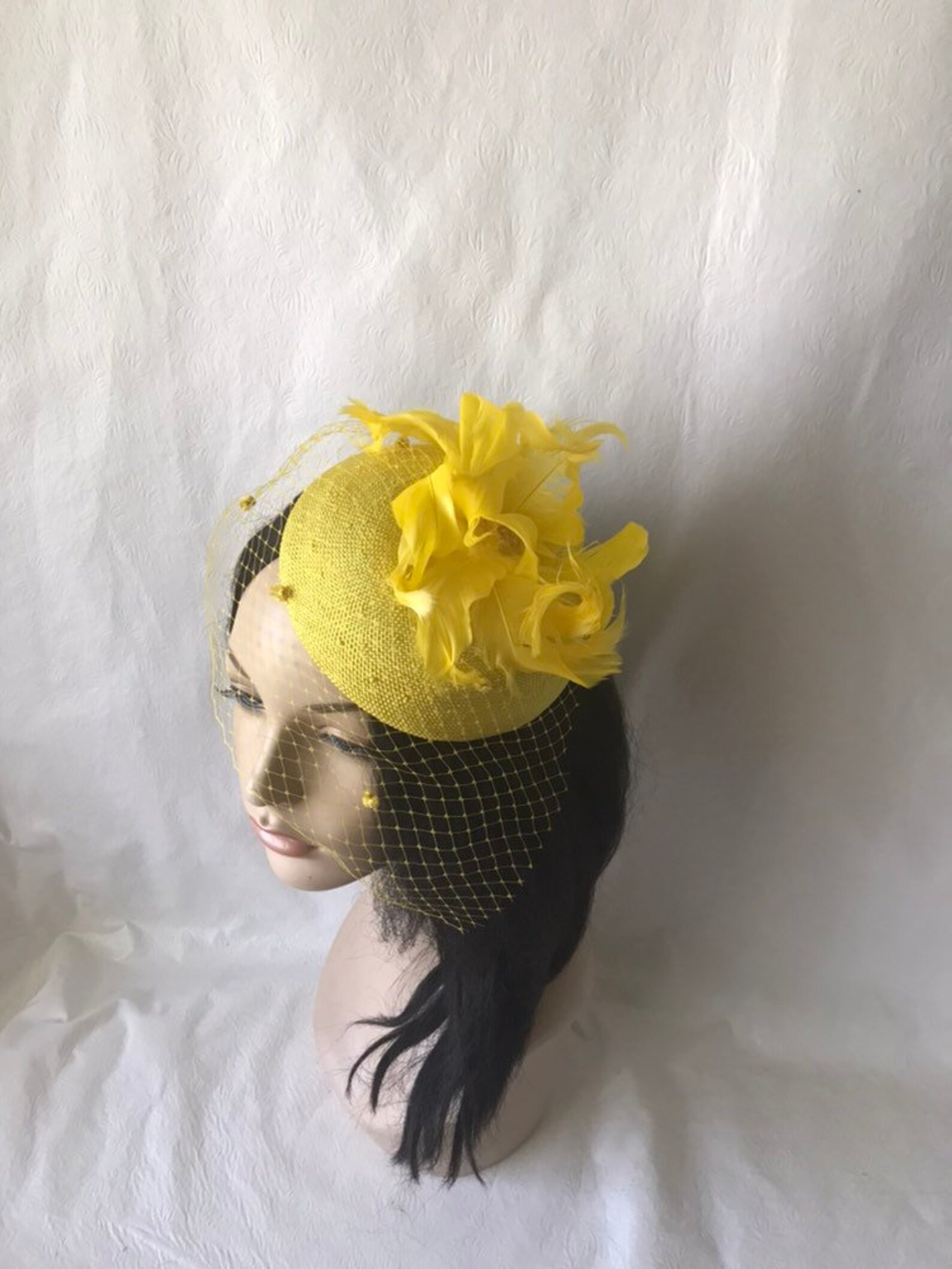 Yellow Fascinator Hat With Dot Veil, Wedding, Mother of Bride, Women's ...