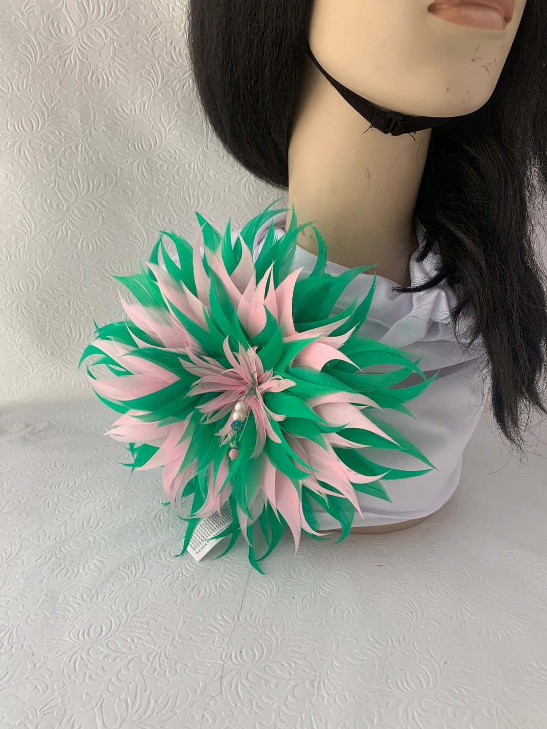 Pink and Green Feather Flower Brooch for Church, Wedding, Corsages ...