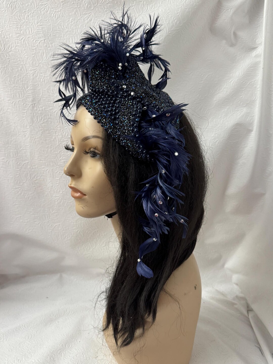 Dark Blue Fascinator Hat, Elegant Dress Church Feather Pearl ...