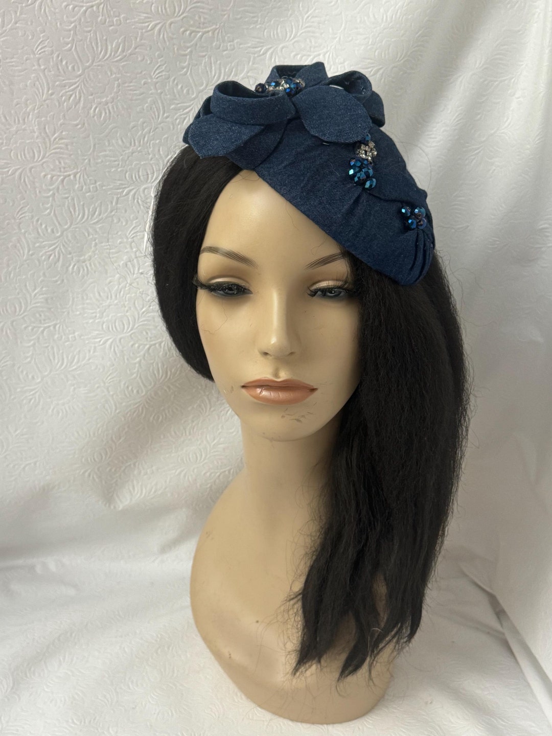 Dark Blue Denim Fascinator Hat for Church, Wedding, Tea Party, Special ...