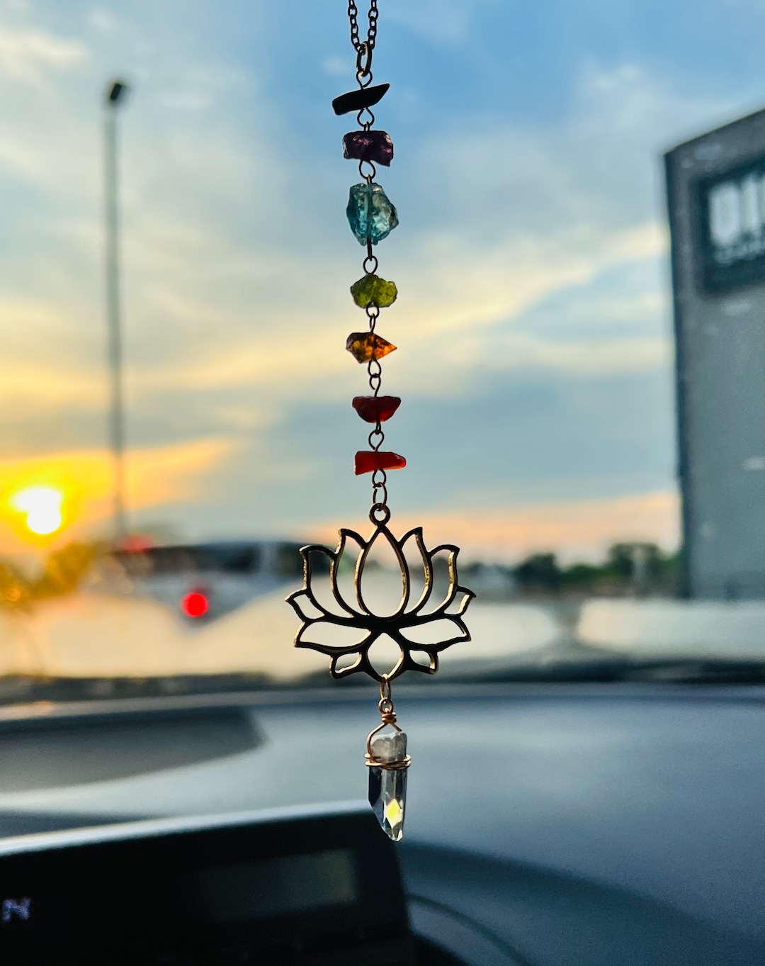 7 Chakra Car Charm, Gold Lotus Charm, Angel Aura Quartz, Raw Crystal ...