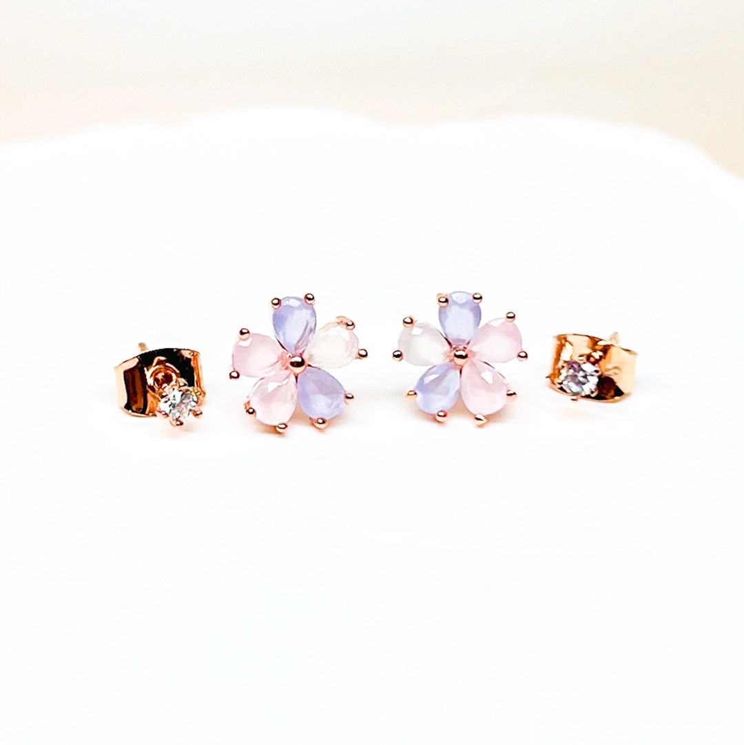 Pink and Purple Sakura Crystal Set Earrings, Rose Gold Stud Earrings ...