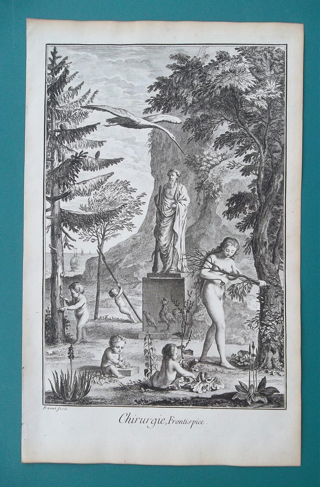 SURGERY Allegory Asclepius W/ Serpent Rod on Pedestal Stork Above Eve ...