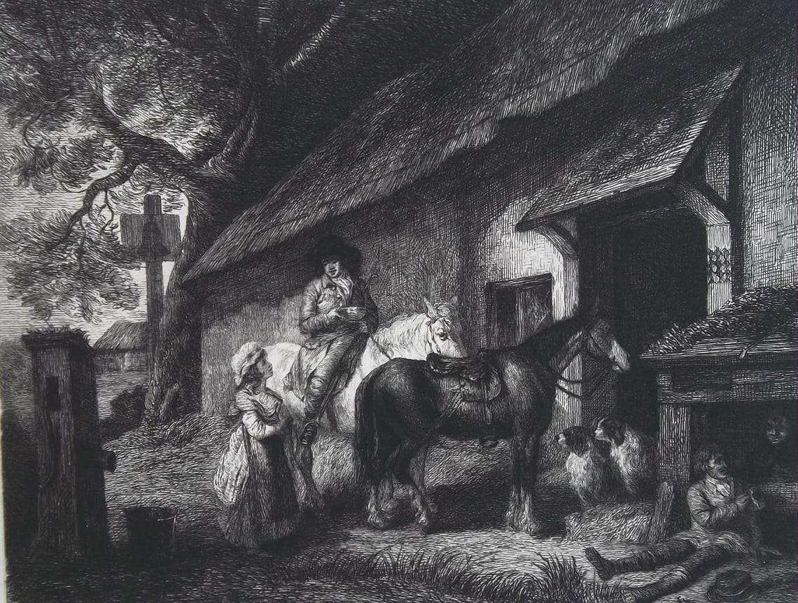 HORSEMEN Stop at Inn Maid Offers Drink & Boots Shoes Mending by G ...