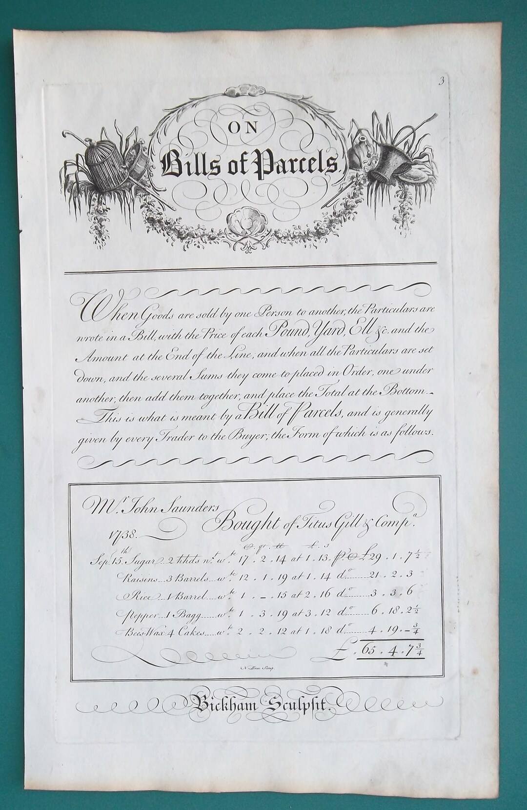 ORNAMENTAL PENMANSHIP Trade Bill of Parcels Sugar Raisins Rice Bees Wax ...