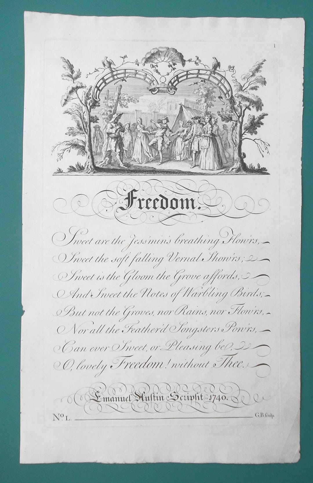 ORNAMENTAL PENMANSHIP Thoughts on Freedom W/ Vignette - 1741 Original ...