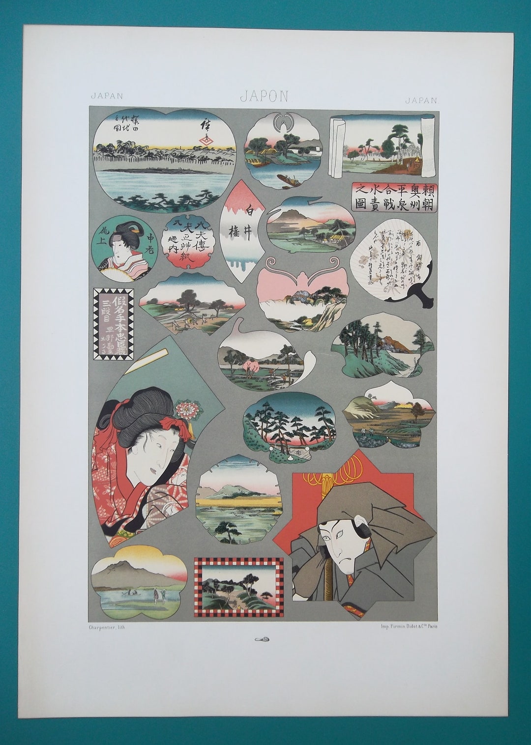 JAPAN Japanese Cartouches on Fans Faces Nature Birds Calligraphy ...