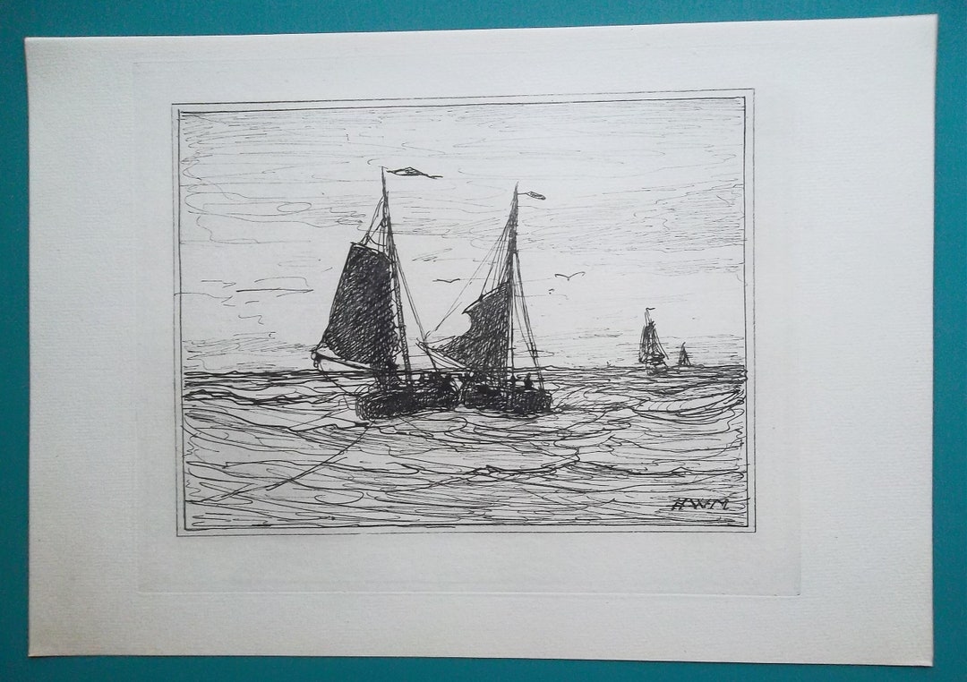 FISHING BOATS Collision - 1882 Heliogravure Print After Pen & Ink ...