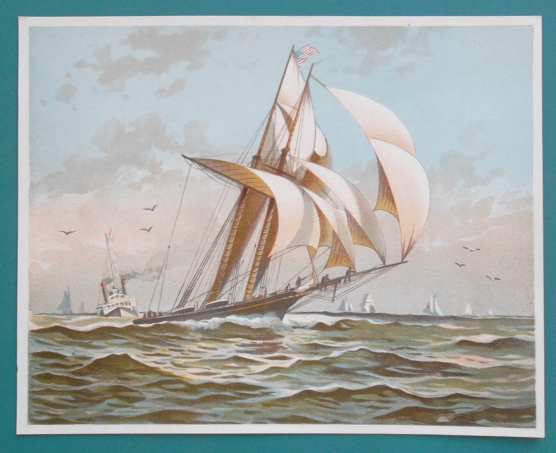 SHIPS Schooner Yacht at Open Sea Naval Marine - 1895 COLOR Litho ...