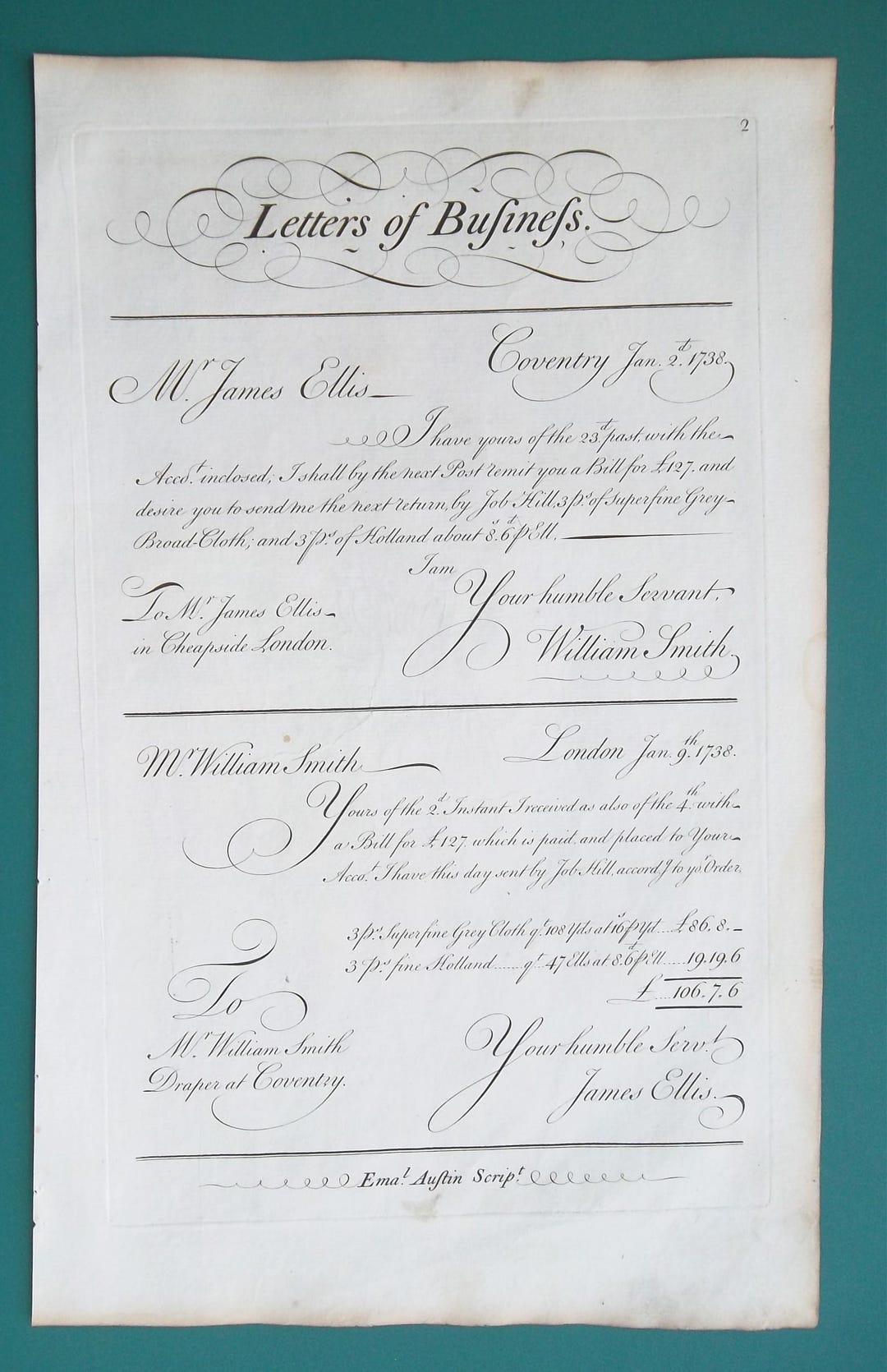 ORNAMENTAL PENMANSHIP Merchant Letters of Business - 1741 Original ...