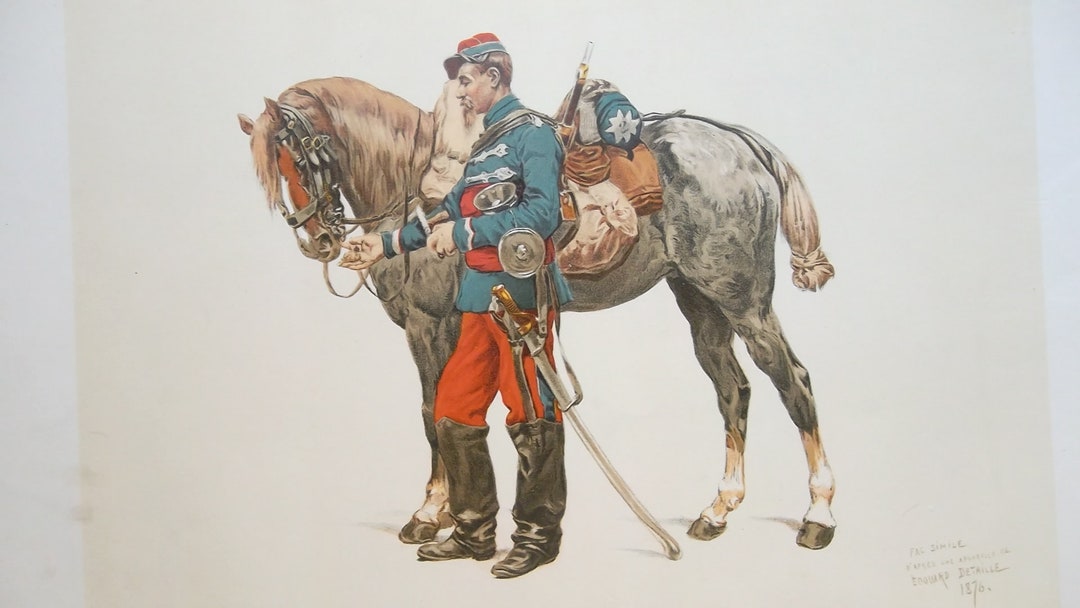 FRENCH ARMY Cavalry Dragoon Soldier in Uniform & His Horse 12 X 17 ...
