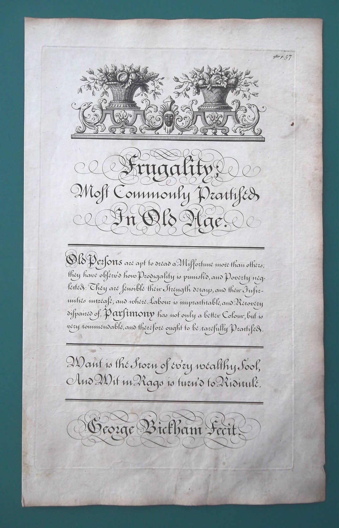 ORNAMENTAL PENMANSHIP Thoughts on Frugality W/ Vignette - 1741 Original ...
