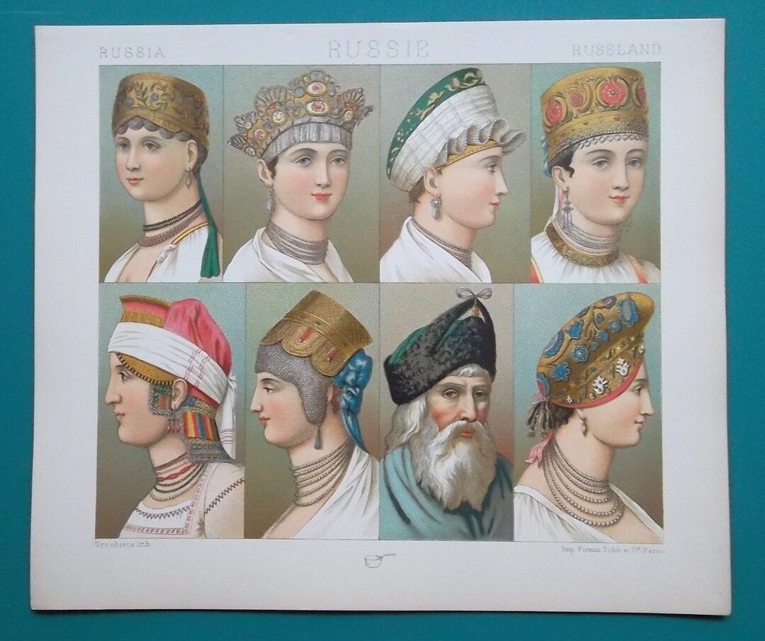 RUSSIA Costume of Russian Women Headdress Headgear Caps 7 X 8.5 1888 ...