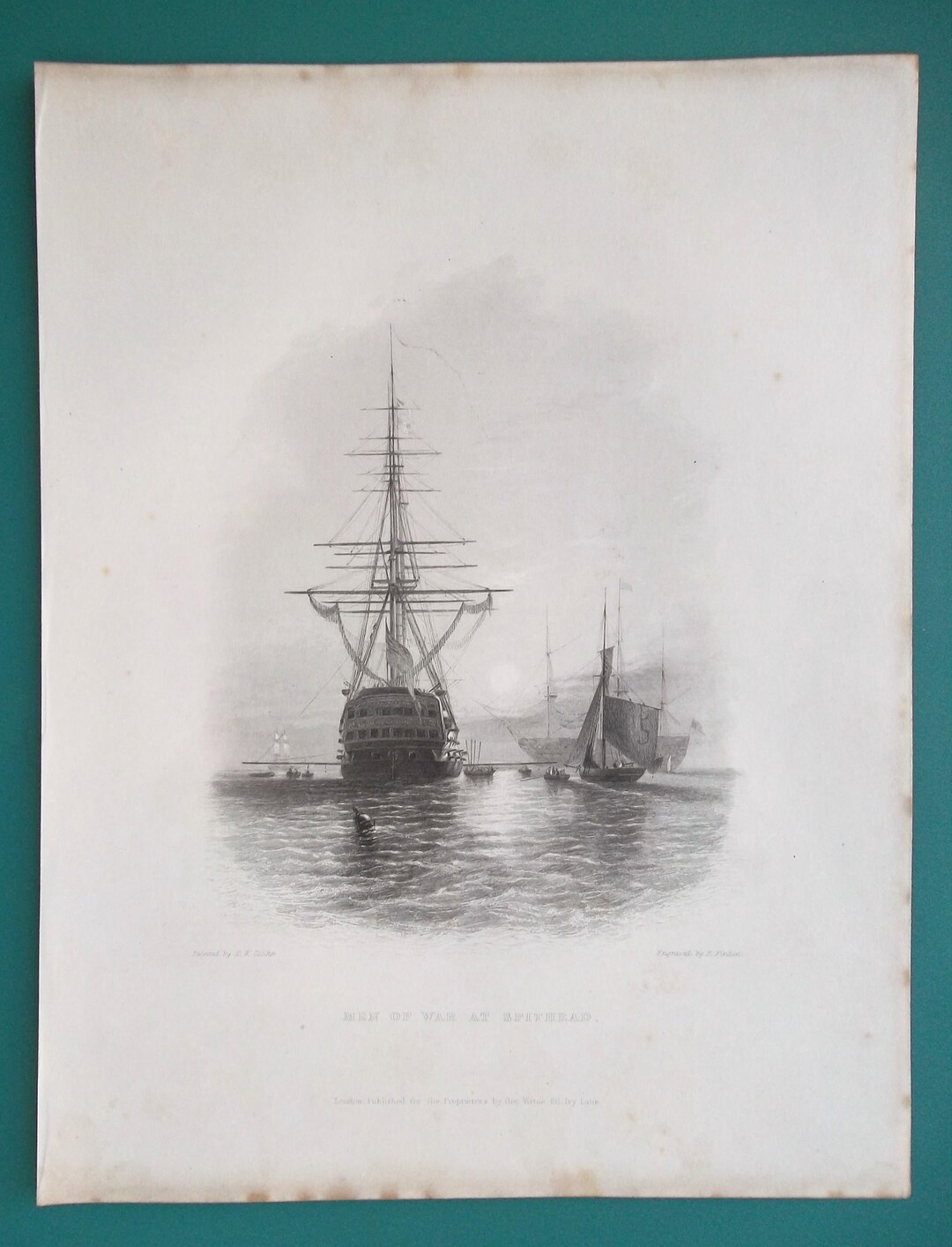 ENGLAND Spithead 74 Cannon Gunship at Anchor Man of War - 1842 Antique ...