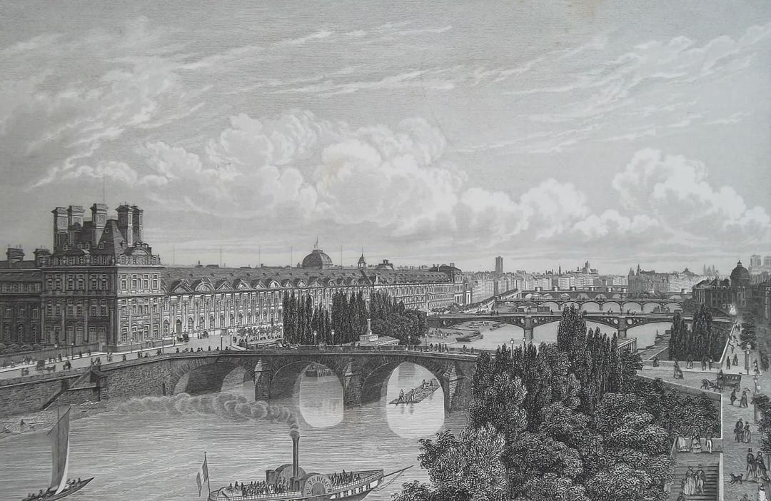 PARIS View of Seine River Bridges Notre Dame From Quai D' Orsay - 1850 ...