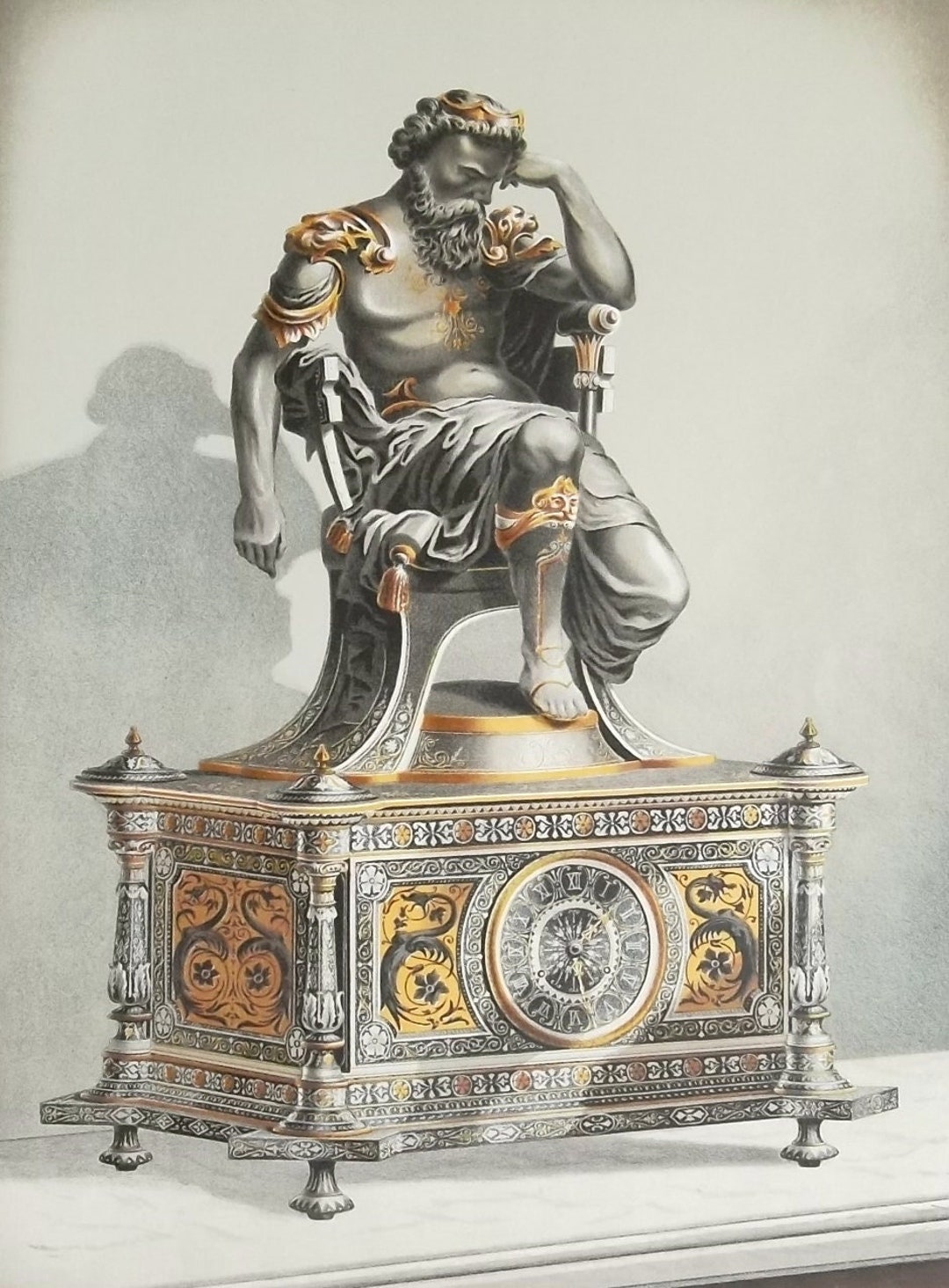 MANTEL CLOCK With Statue of King Saul - 1876 COLOR Print Philadelphia ...