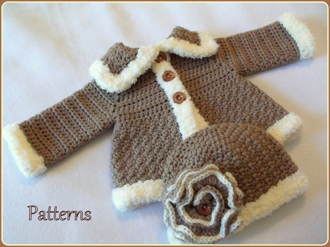 Crochet Baby Sweater & Hat Pattern: Chenille Trim, Sizes 0-12 Months ...