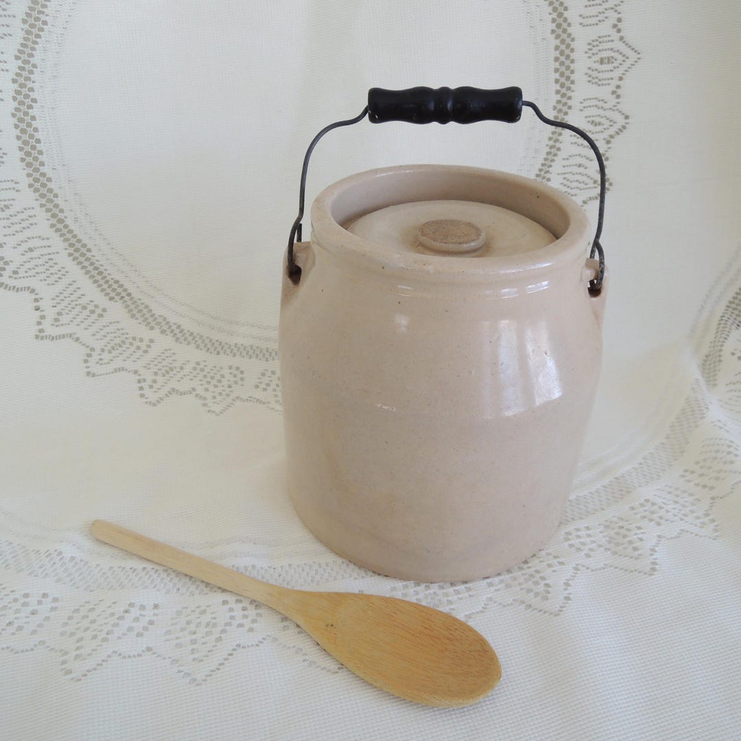 Antique Crock, Covered Stoneware Crock W Bail Handle, Wood Handle ...