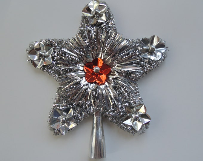 Silver Tinsel Star Tree Topper, Red Foil Star Center, Holiday Tree ...