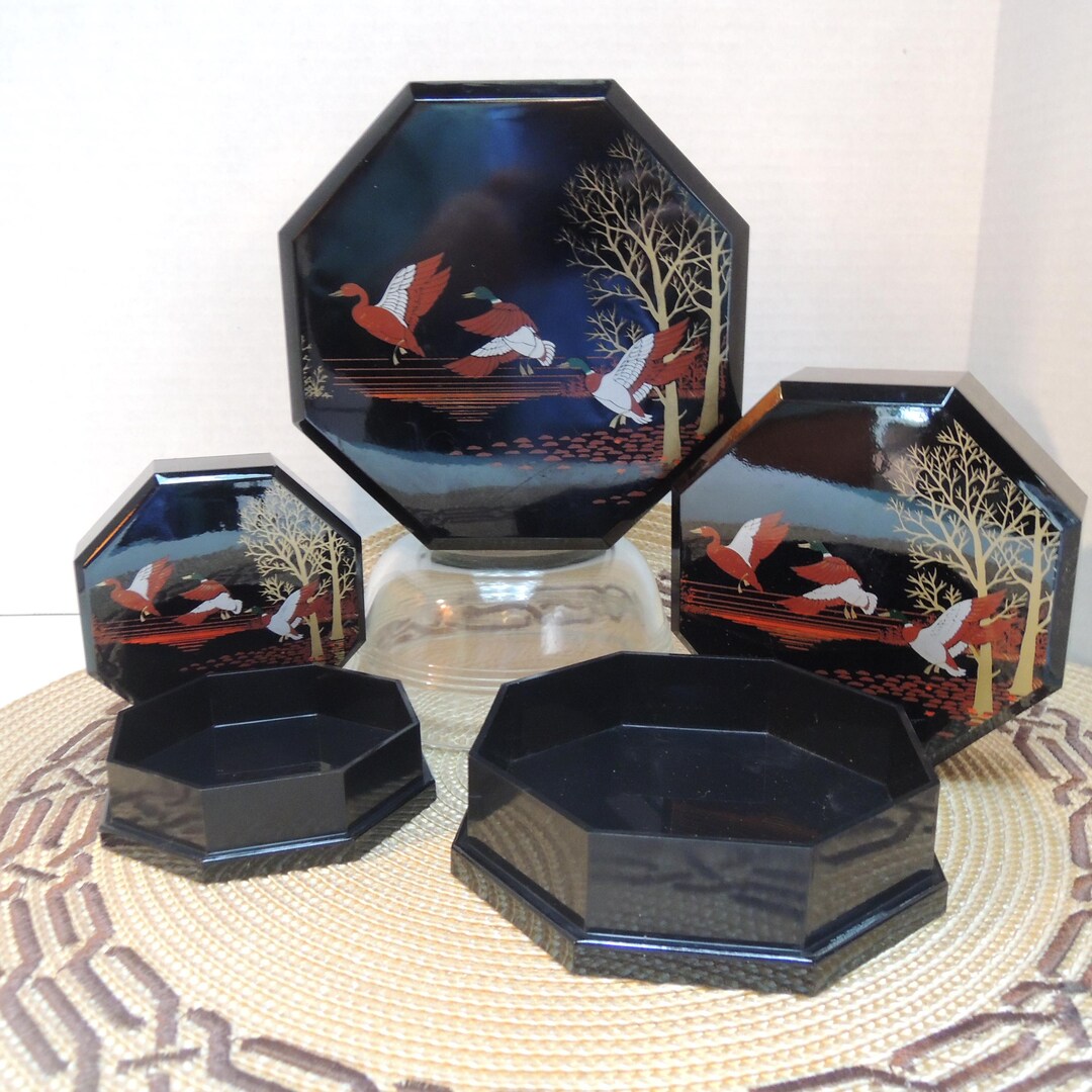 Octagonal Trinket Boxes, 3 Black Plastic Lidded Stackable Containers ...