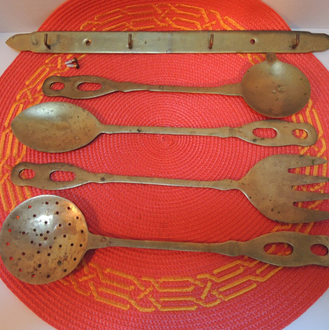Brass Cooking Utensils, Hanging Bar W Hardware, Kitchen Décor, Heavy ...