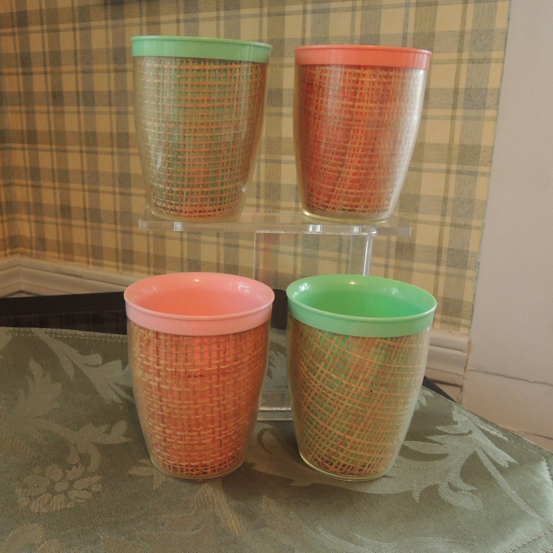 4 Raffia Glasses, 7oz Sm Drinking Glasses, 3 Color Tumblers, Short ...