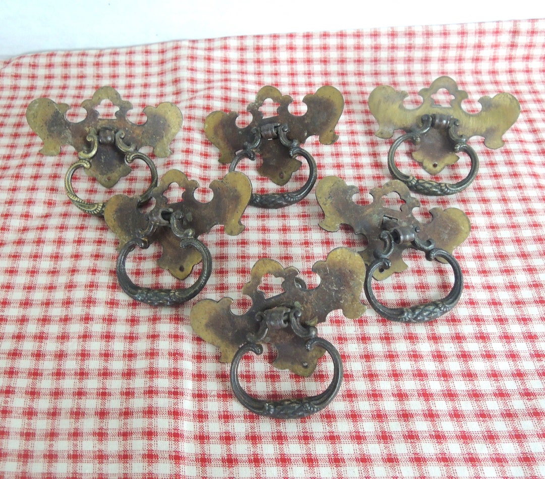 6 Brass Drawer Pulls, Bureau Handles W Backscrews, Chippendale Bat Wing ...