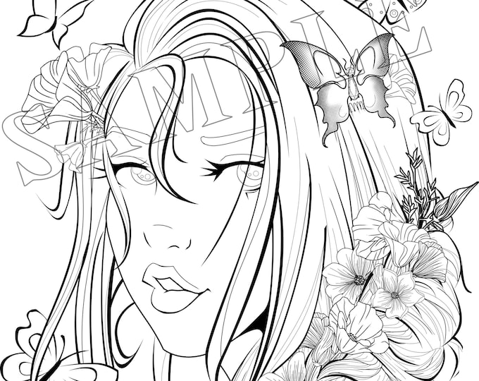 Printable Digital Coloring Page, Butterfly Scar Girl, Fantasy ...