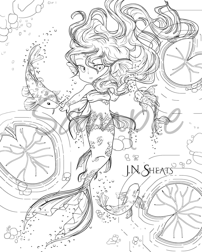 Chibi Koi Mermaid in Pond Coloring Page Download - Etsy