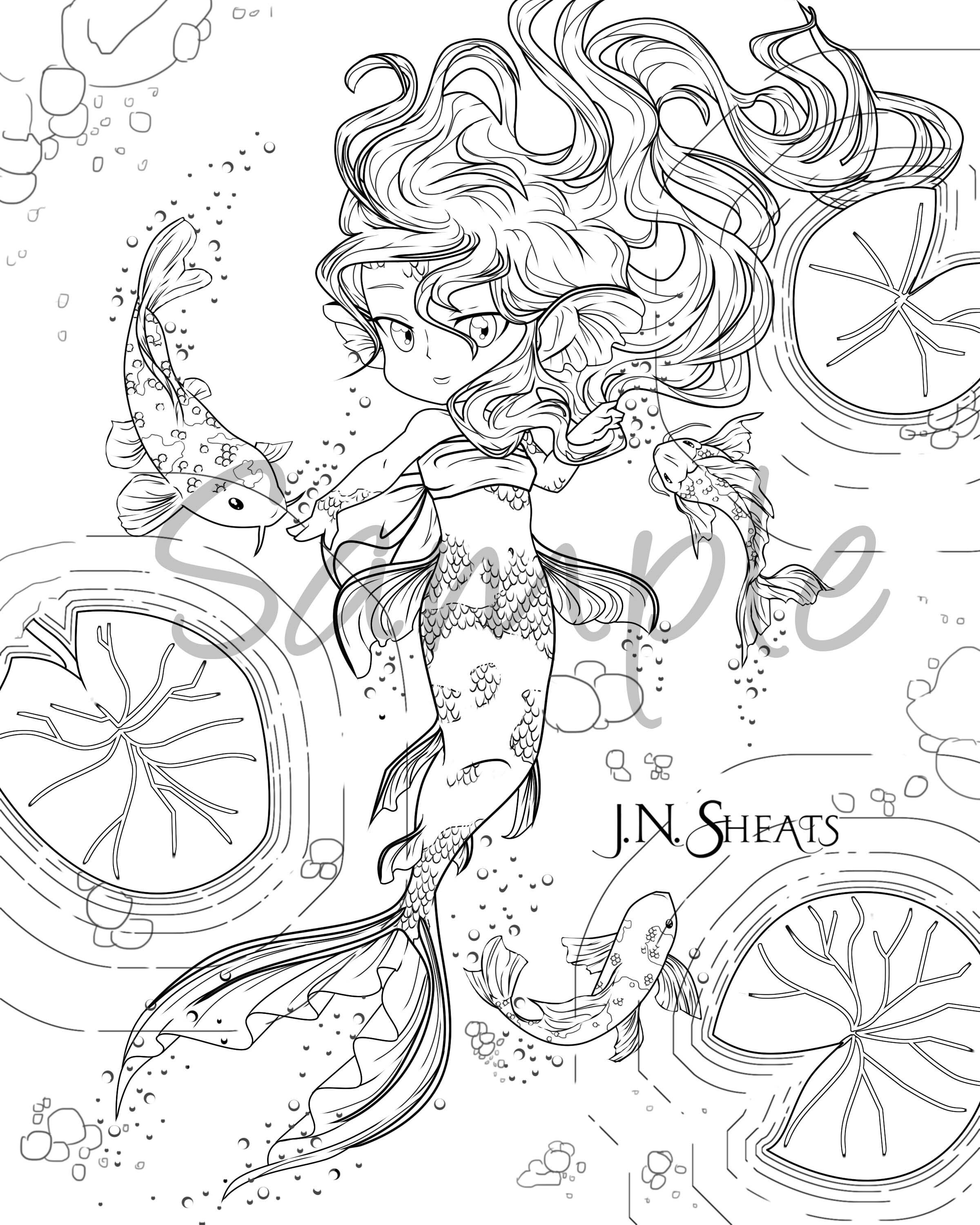 Chibi Koi Mermaid in Pond Coloring Page Download - Etsy