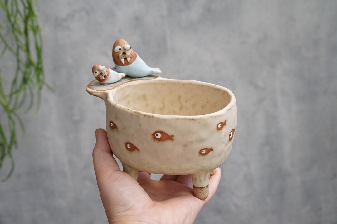 Walrus With Fishes,plant Pot ,two Tone,cactus,ceramics,pottery,handmade ...