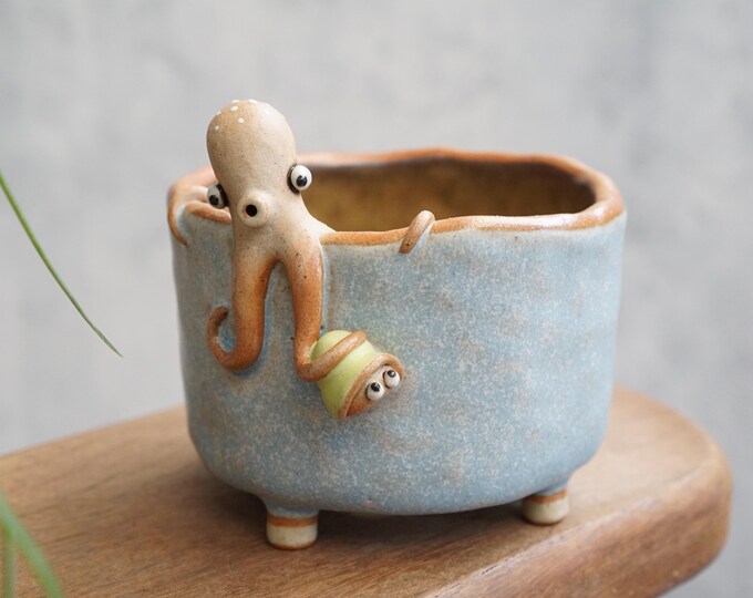 Plant Pot With Squid ,cactus,ceramics,pottery,handmade,octopus - Etsy