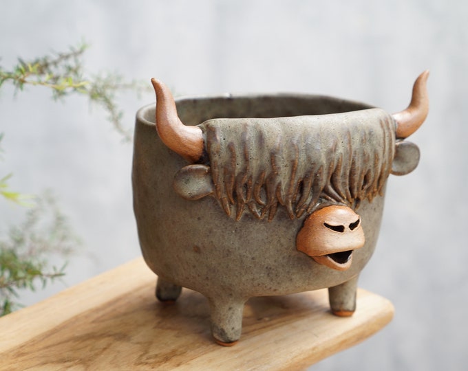 Highland Cow Plant Pot ,cow Pottery Handmade ,black Cow - Etsy