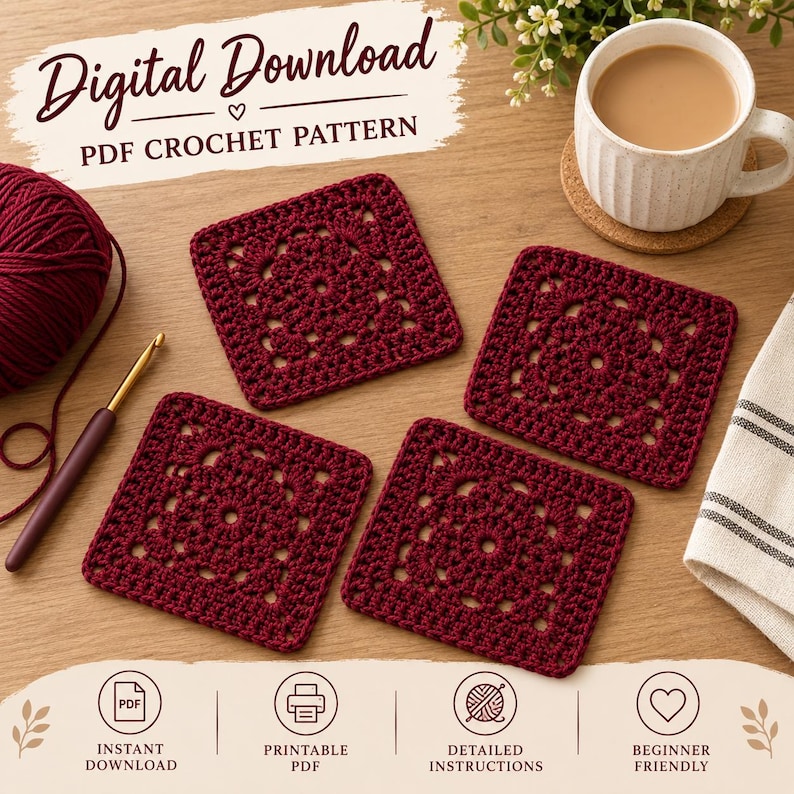 Crochet Granny Square Coaster Pattern PDF, Granny Square Crochet ...