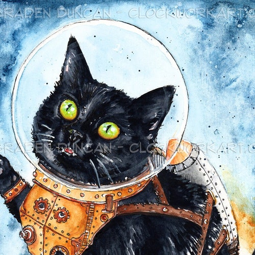 Space Cat: Fine Art Watercolour Black Cat Astronaut Print - Etsy
