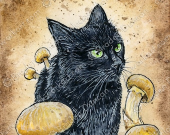 Fatal Fungi Feline: Deadly Parasol Watercolour Wicca Magic Black Cat ...