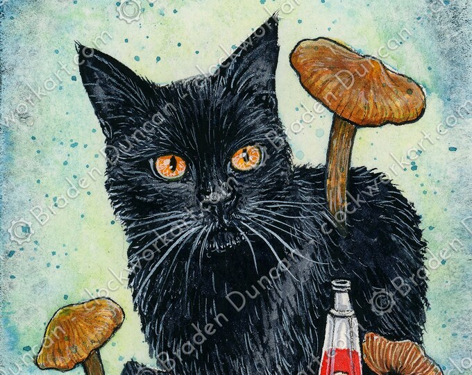 Fatal Fungi Feline: Fool's Webcap Watercolour Wicca Magic Black Cat ...