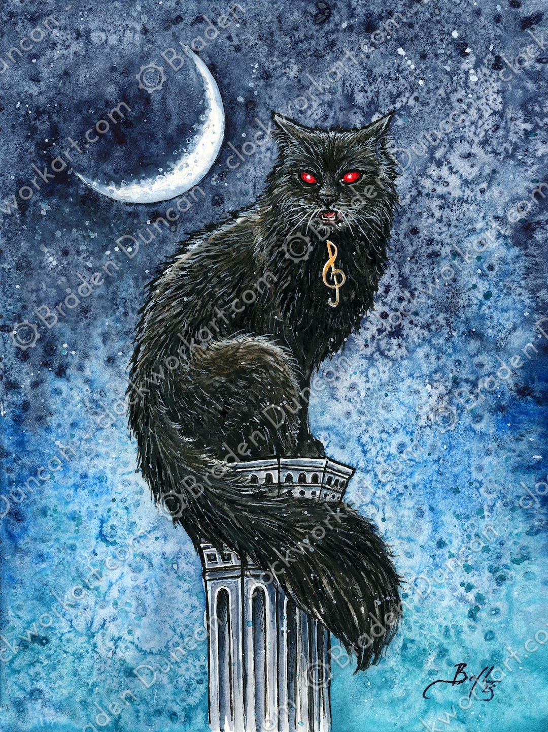 Cat Bayun: Fine Art Watercolour Black Cat Folklore Cryptid Print - Etsy