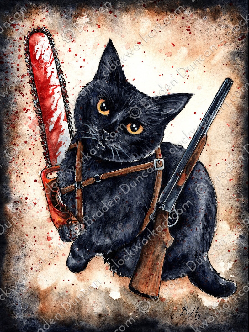 Zombie Killer Kitten - Fine Art Watercolour Horror Cat Print - Etsy