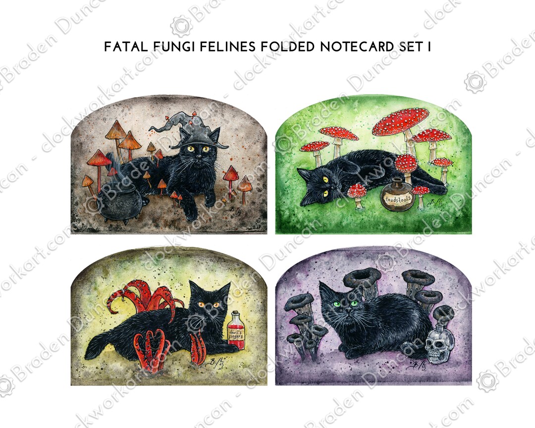 Fatal Fungi Felines Folded Notecards Set I - Mushroom Nature Black Cat ...
