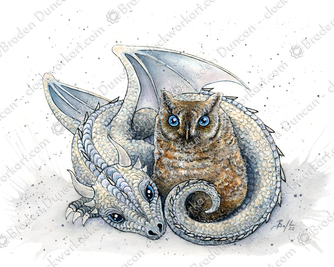 Dragon Owl Watercolour Fantasy Bird Print | Etsy